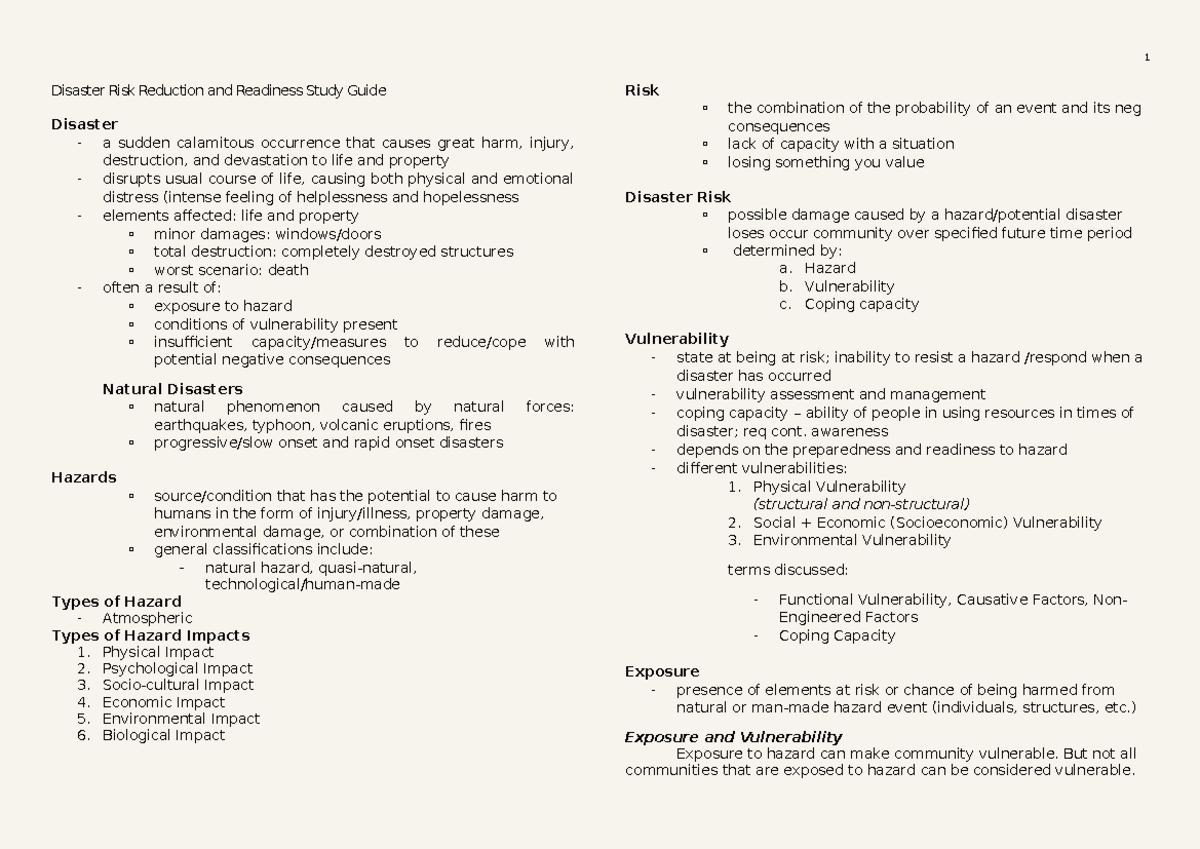 Drrr study guide - 1 Disaster Risk Reduction and Readiness Study Guide ...