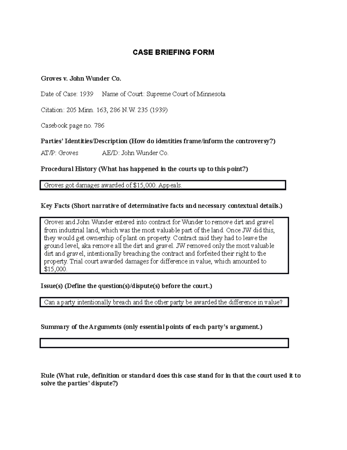 Groves v. John Wunder Co. - CASE BRIEFING FORM Groves v. John Wunder Co ...