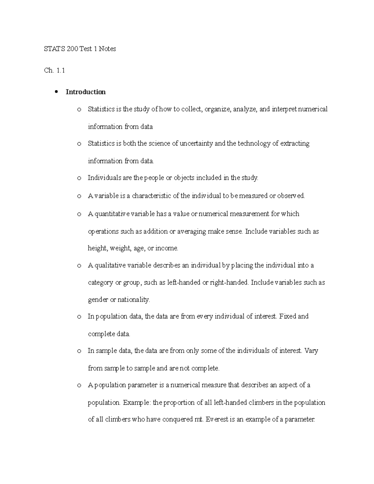 STAT 200 Test 1 Notes - STATS 200 Test 1 Notes Ch. 1. Introduction o ...