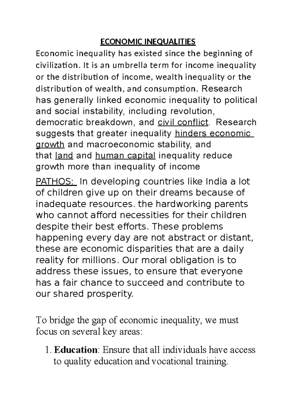 Economic Inequalities speech - ECONOMIC INEQUALITIES Economic ...