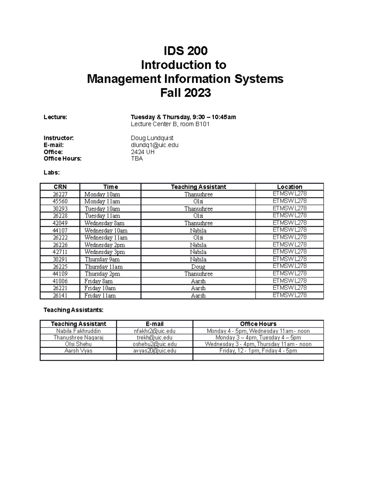 IDS 200 Syllabus Fall 2023 CRN 42062 v1.3 - IDS 200 Introduction to Management Information ...