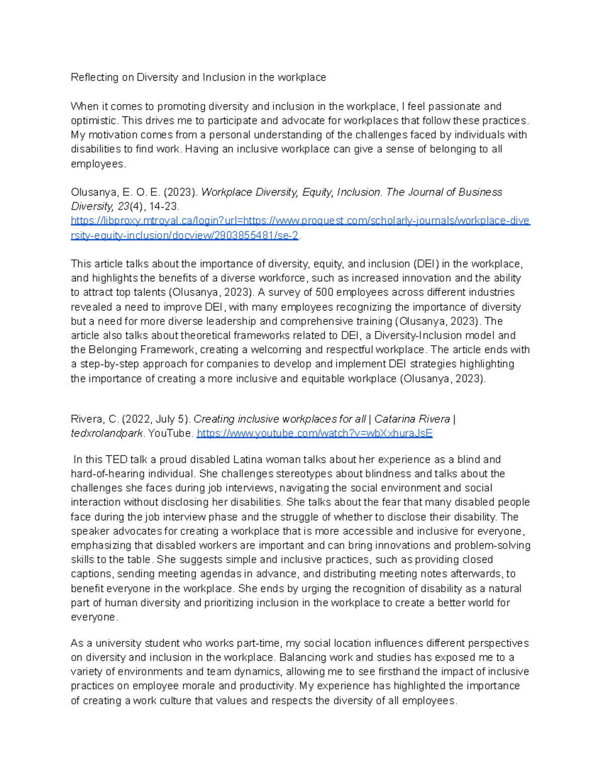 Journal 7 - Reflecting on Diversity and Inclusion in the workplace When ...