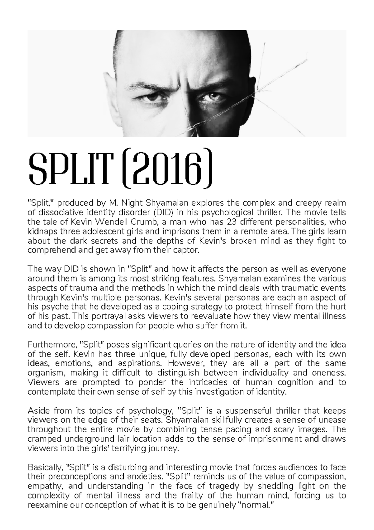 Split 2016 - reaction paper - "Split," produced by M. Night Shyamalan ...