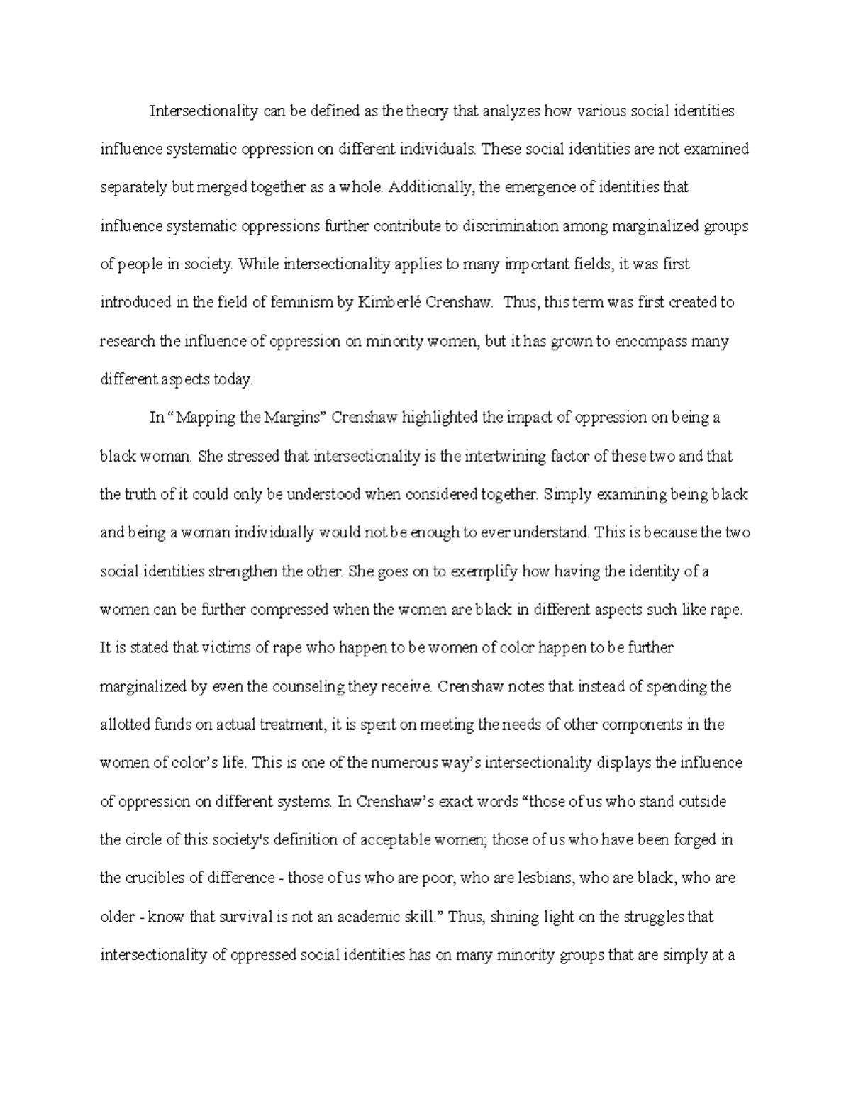 Intersectionality Keyword Essay - Intersectionality can be defined as ...