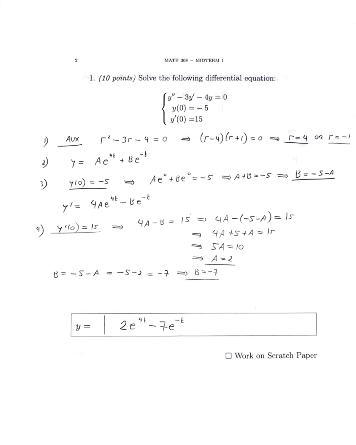 APMA 0350 Midterm 1.1 Solutions - l. ( 10 points) Solve the following differential equation ...