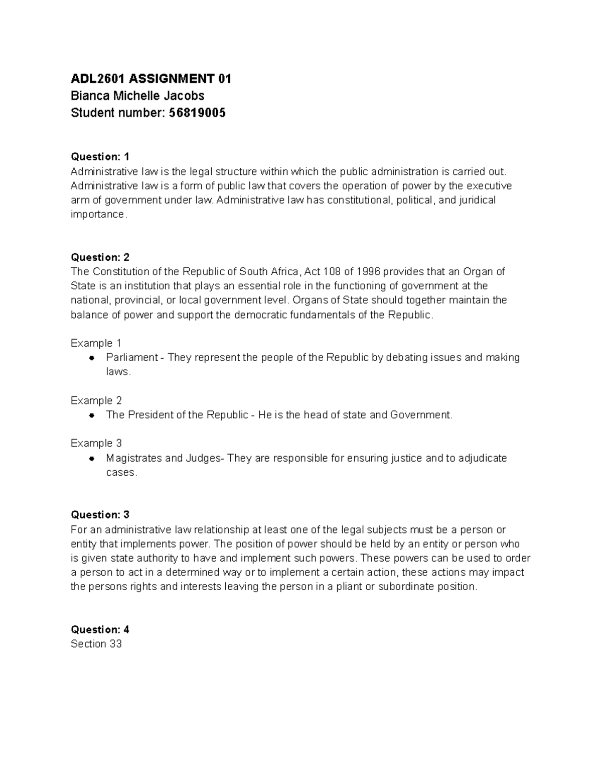 ADL2601 Assignment 01 - ADL2601 ASSIGNMENT 01 Bianca Michelle Jacobs Student number: 56819005 ...