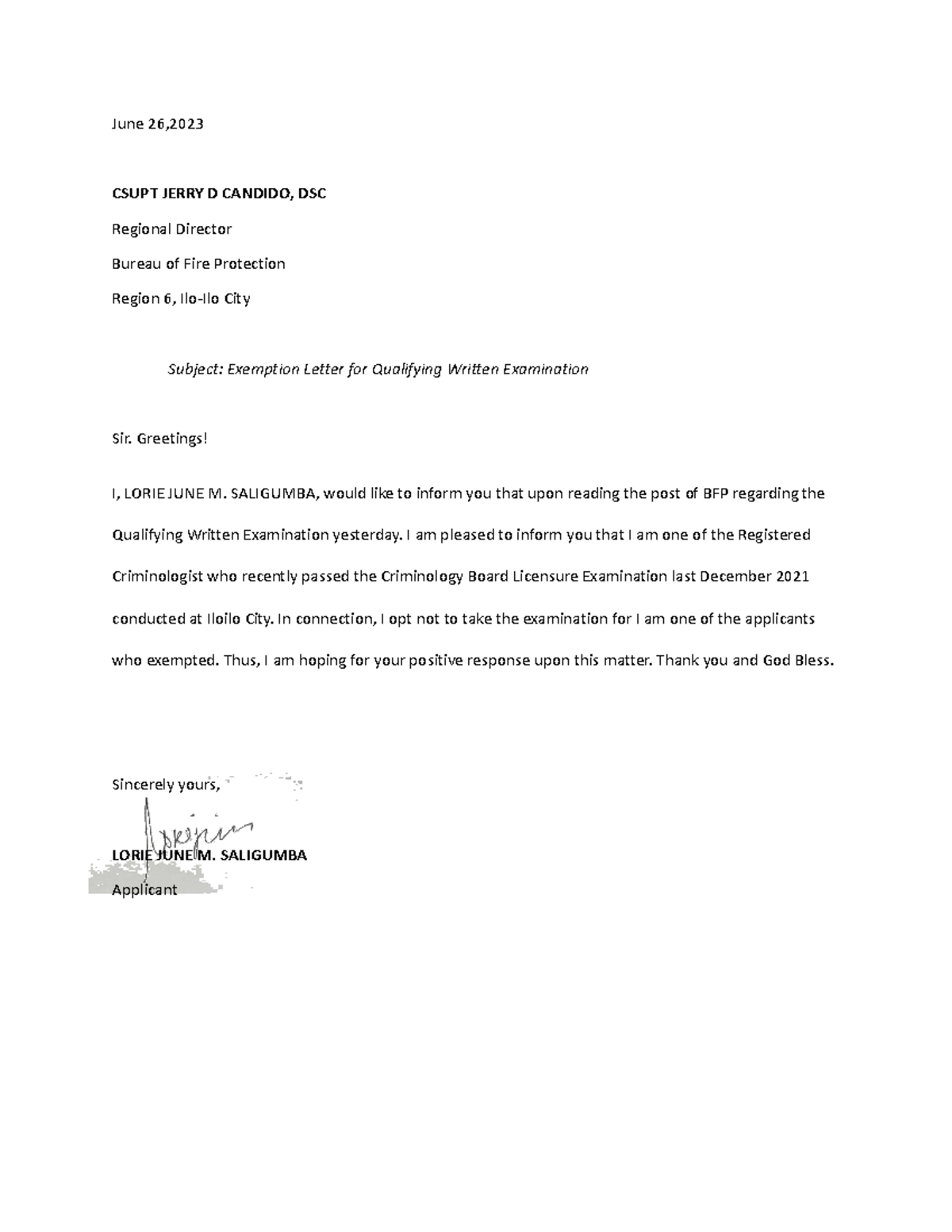 Letter - no comment - June 26, CSUPT JERRY D CANDIDO, DSC Regional ...