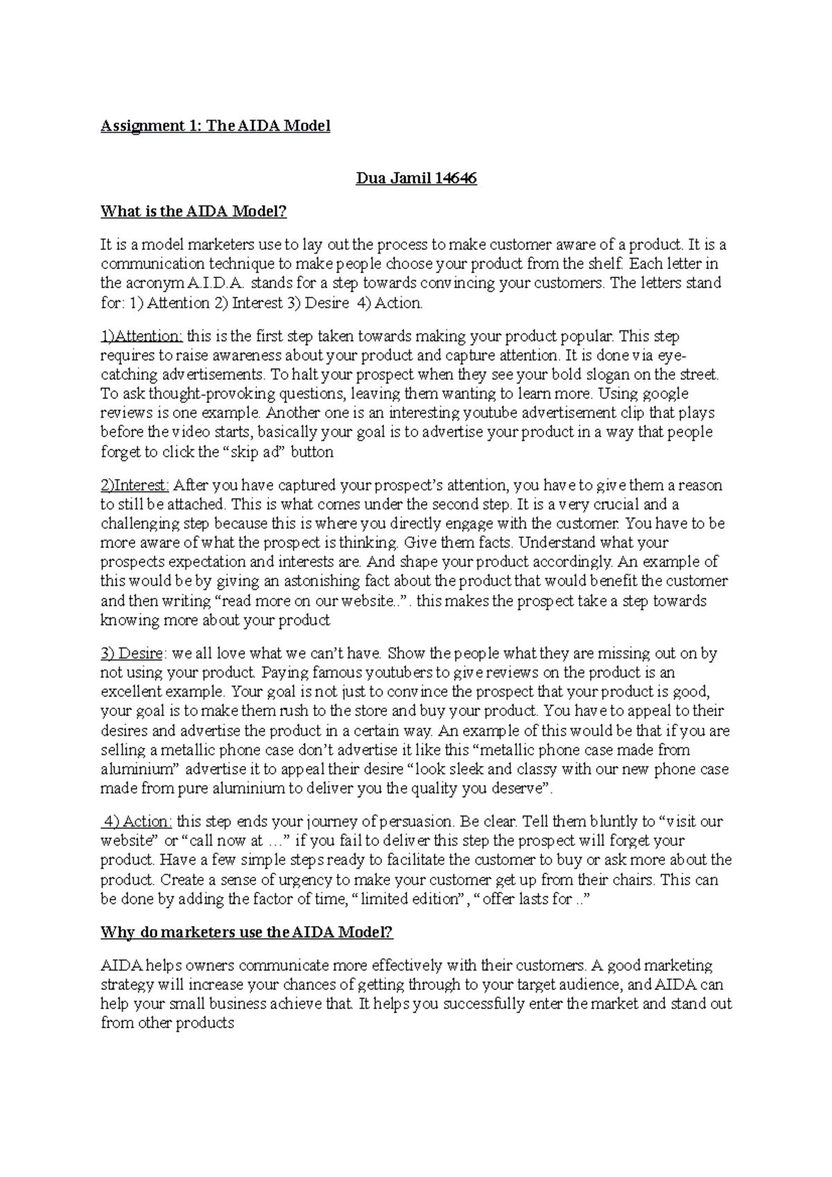 Assignment 1 POM - Assignment 1: The AIDA Model Dua Jamil 14646 What is ...