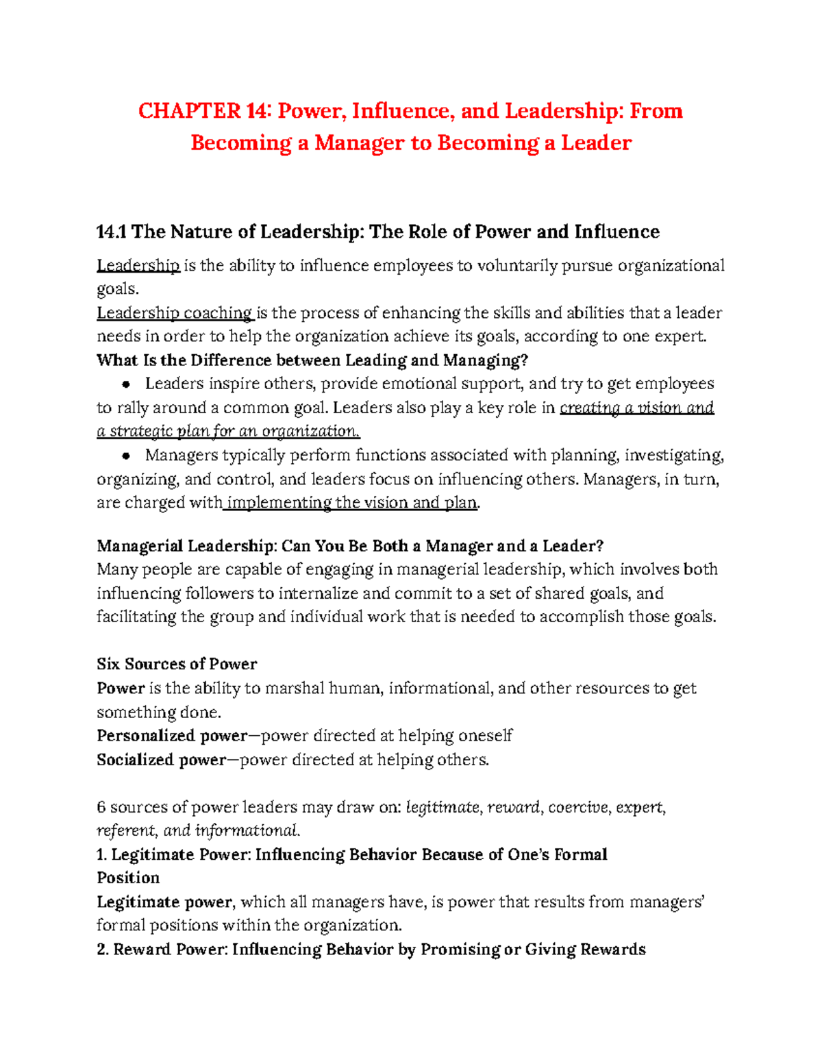 CHAPTER 14 NOTES - CHAPTER 14 Power, Influence, and Leadership: From ...