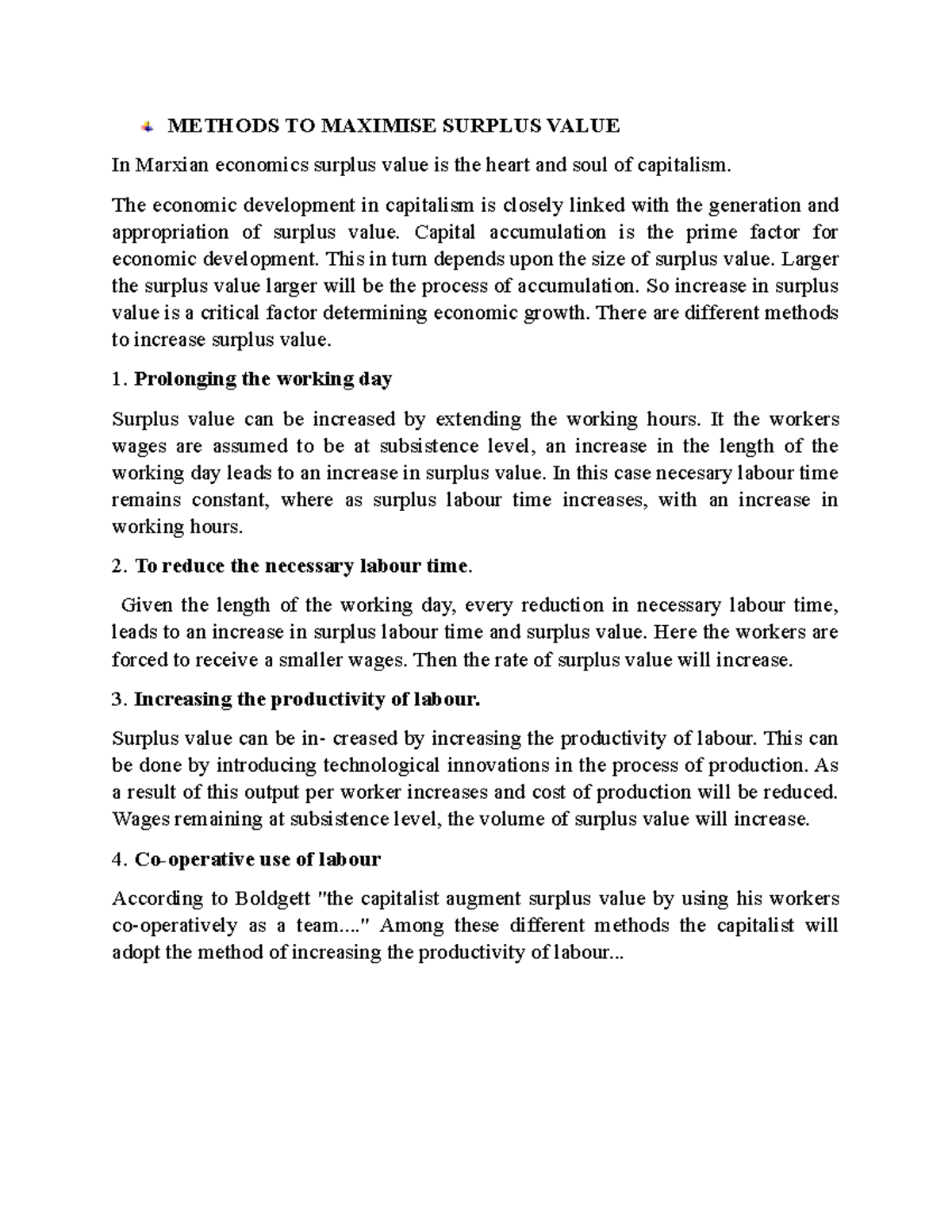 Marx - METHODS TO MAXIMISE SURPLUS VALUE In Marxian economics surplus ...