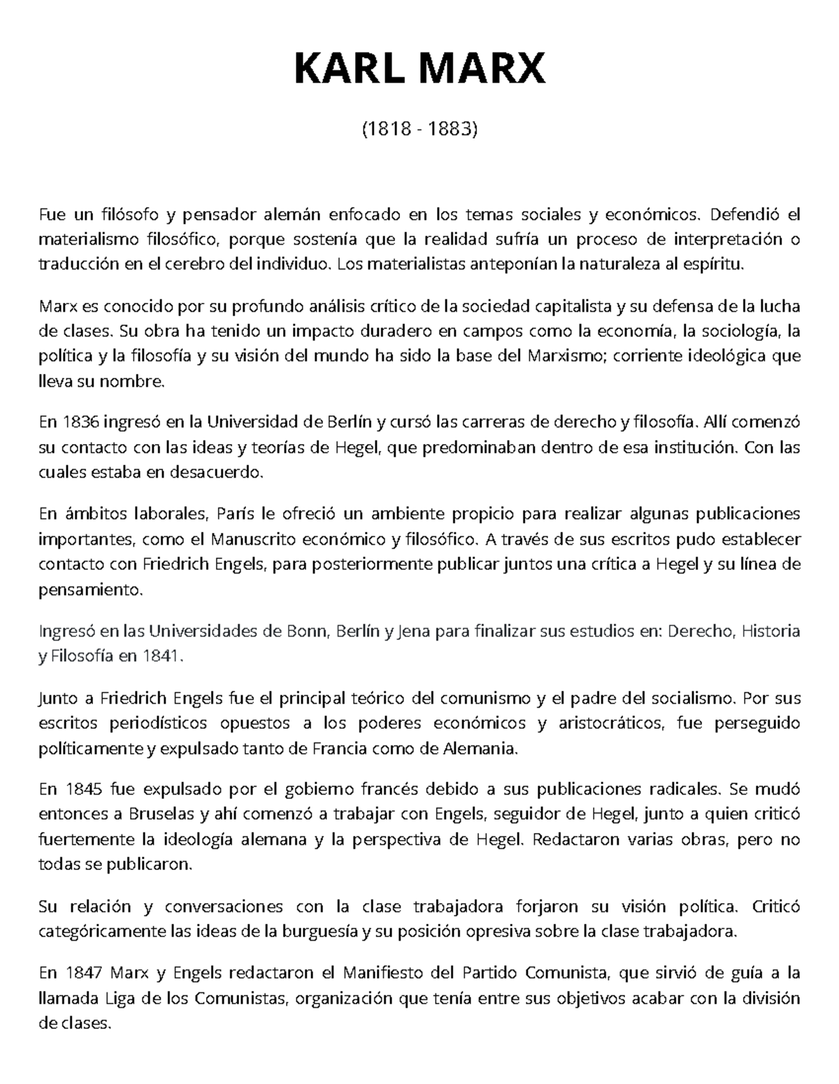 KARL MARX - Resumen Karl Marx - Karl Marx - KARL MARX (1818 - 1883) Fue ...