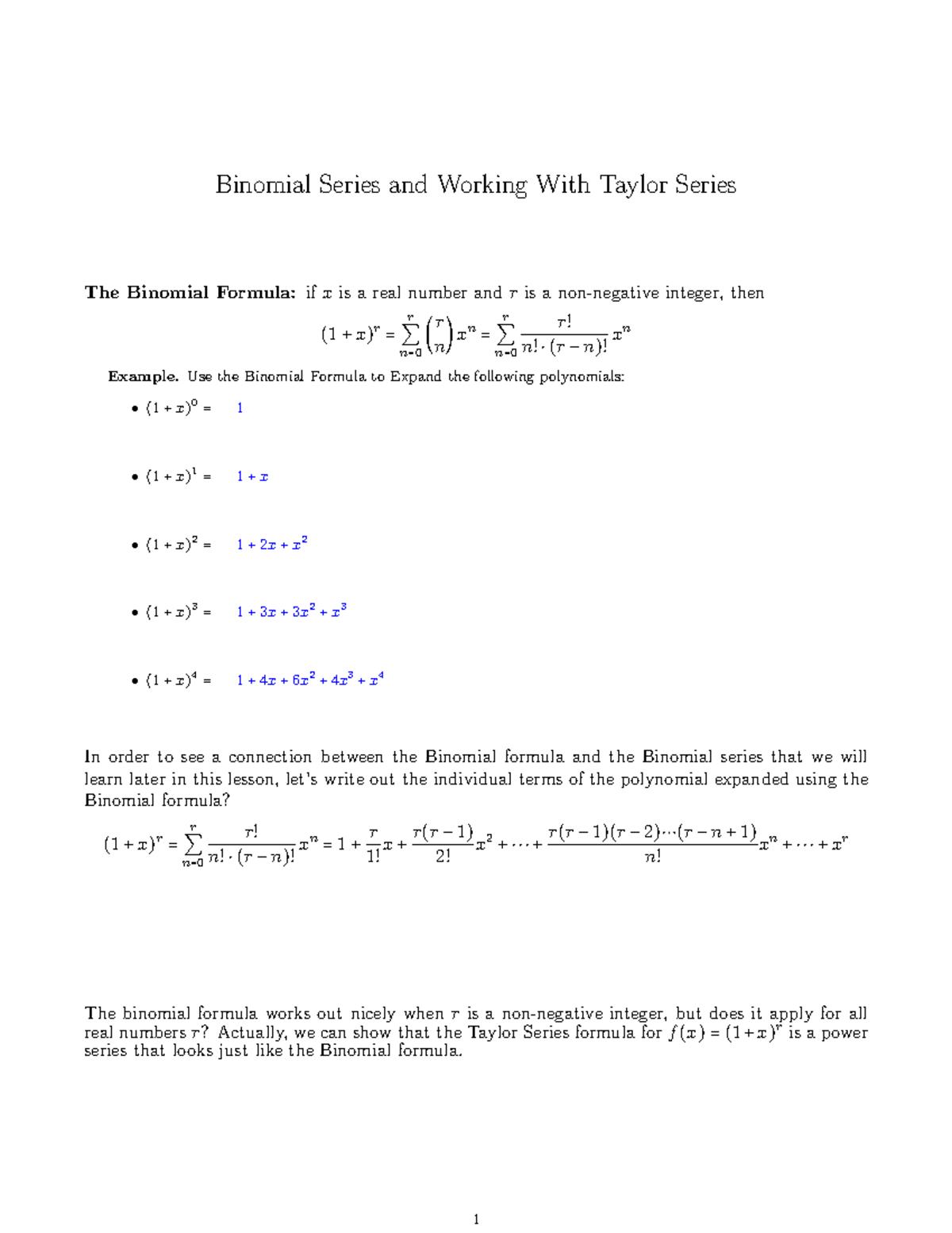Lesson 16 Binomial Series (Solutions) - Binomial Series and Working ...