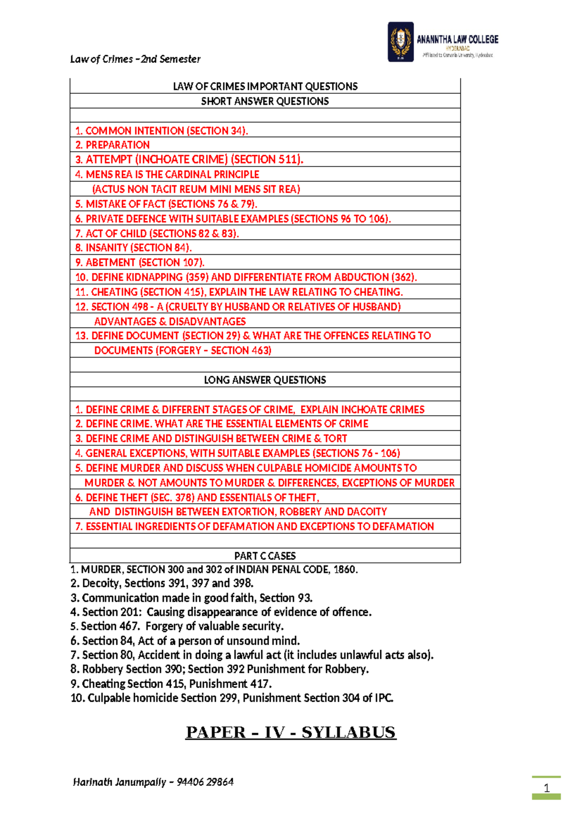 LAW OF Crimes Study Material - LAW OF CRIMES IMPORTANT QUESTIONS SHORT ...