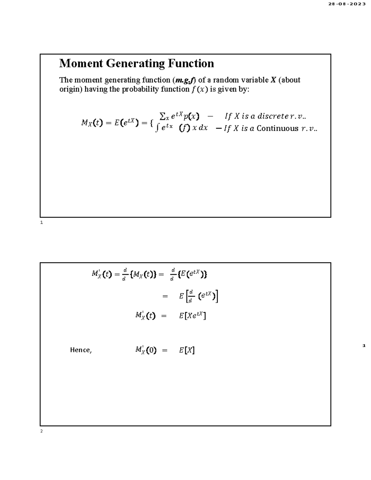 MGF and PGF - mgf and pgf functions - 1 Moment Generating Function The ...