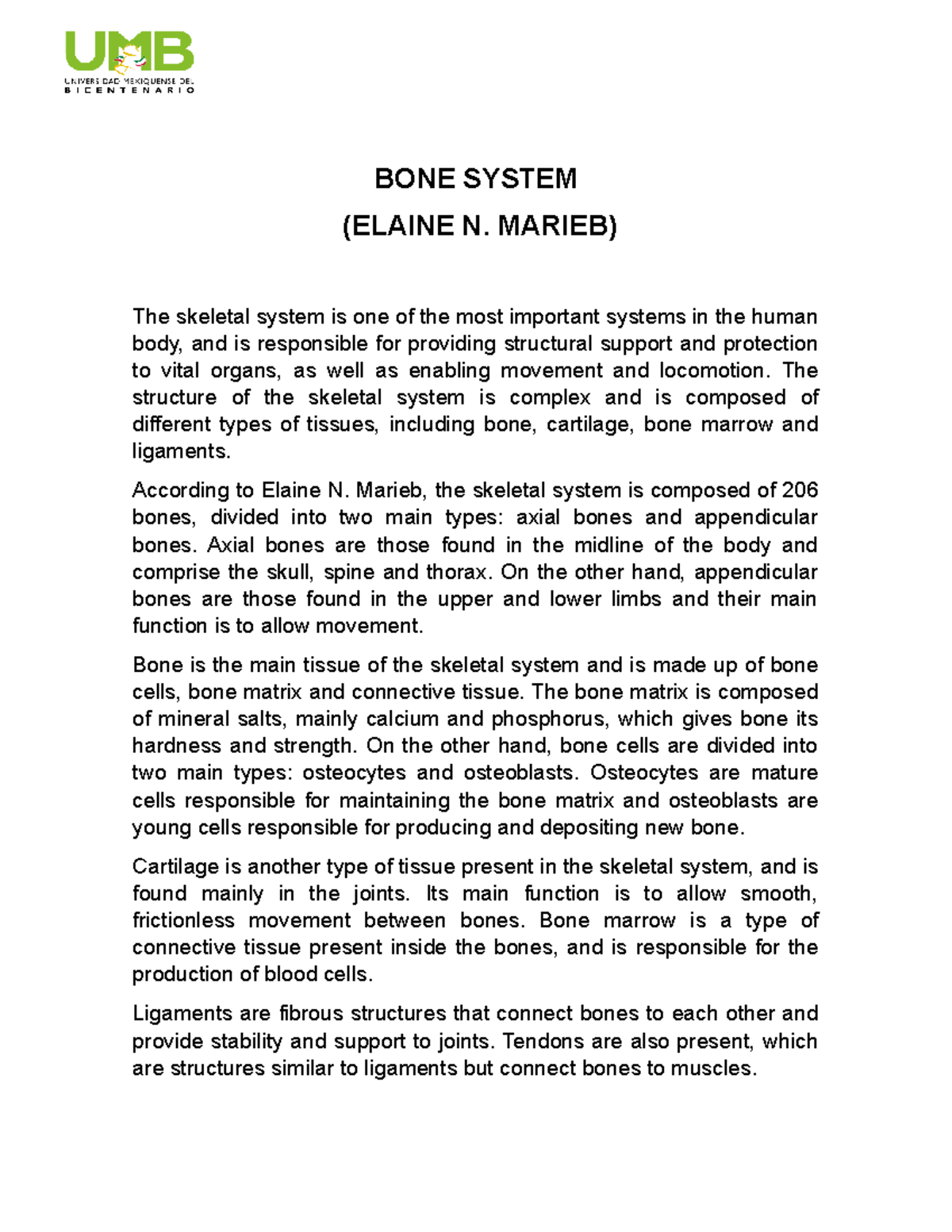 Bone system - Elaine N. Marieb - BONE SYSTEM (ELAINE N. MARIEB) The ...