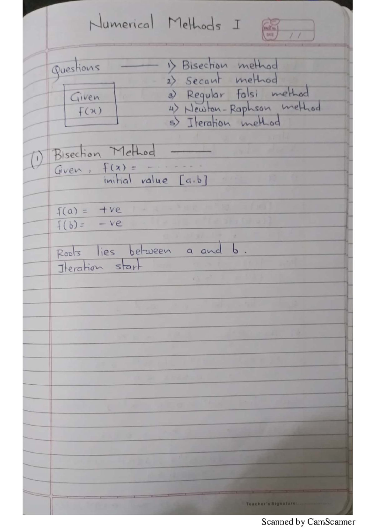 M3 5&6 unit - notes - Numerical Methods I DATE 11 Questions Bisection ...