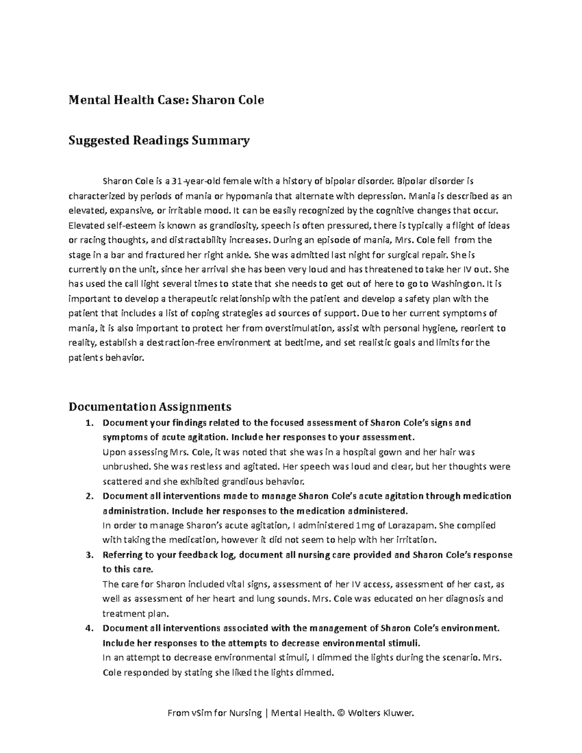 S. Cole VSIM - VSIM Scenario - Mental Health Case: Sharon Cole ...
