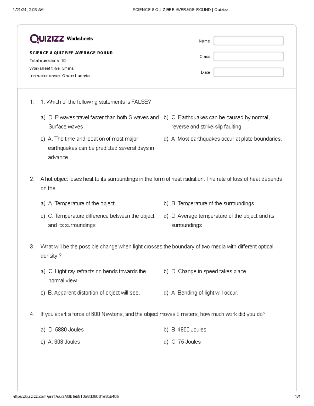 Science 8 QUIZ BEE Average Round Quizizz - Worksheets SCIENCE 8 QUIZ ...