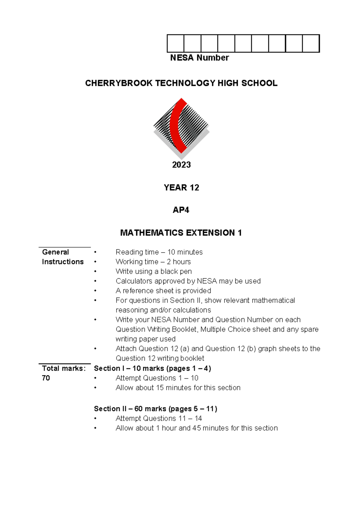 2023 Year 12 Mathematics Extension 1 past paper QPpdf - NESA Number ...