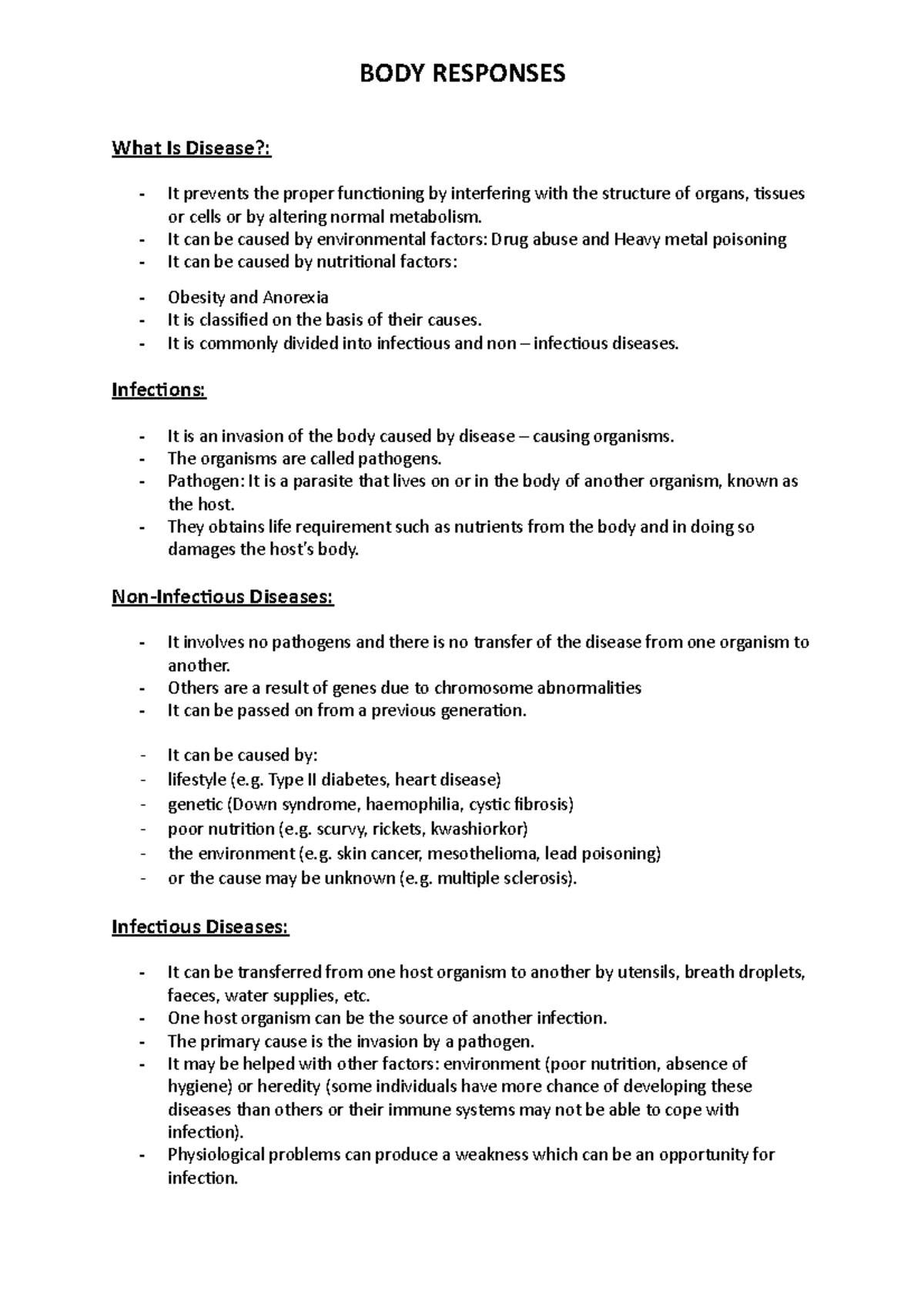 BODY Responses Notes - What Is Disease?: It prevents the proper ...