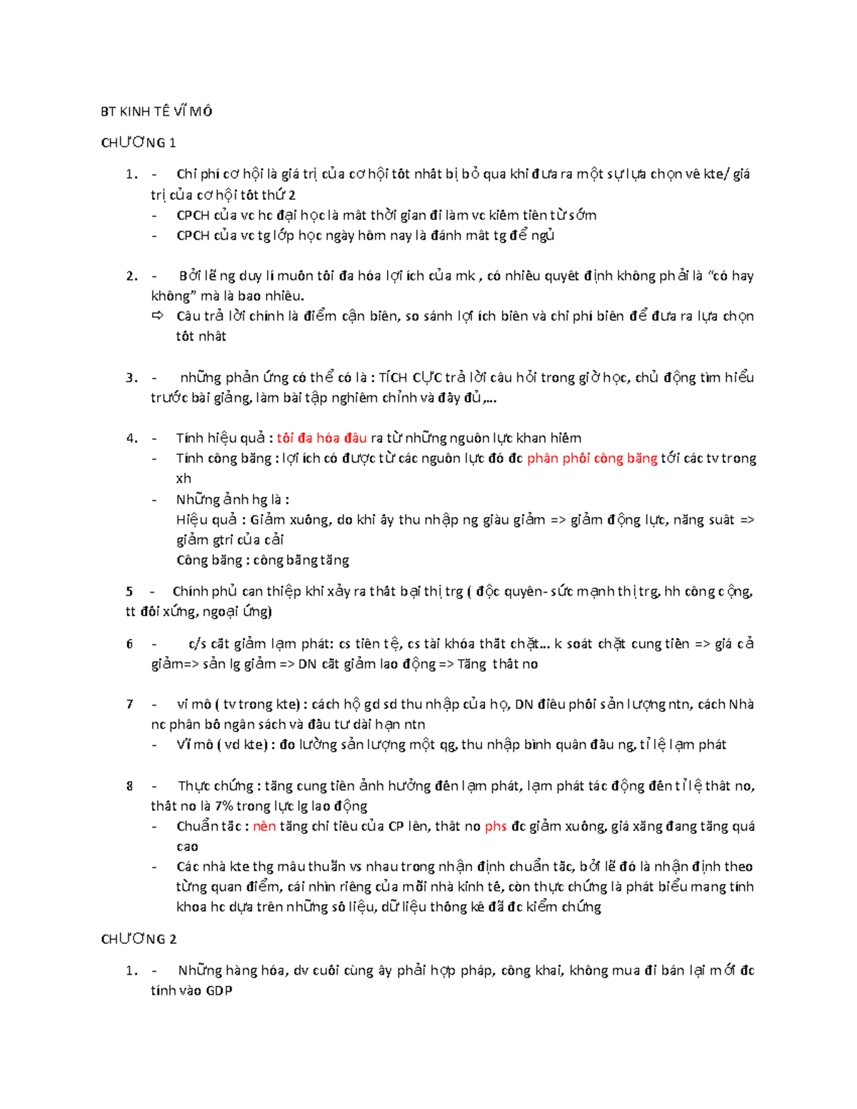 BT KTE VĨ MÔ - GOOD - BT KINH TẾẾ VĨ MÔ CH ƯƠNG 1 Chi phí c ơ h ội là giá tr c ị ủa c ơ h ội ...