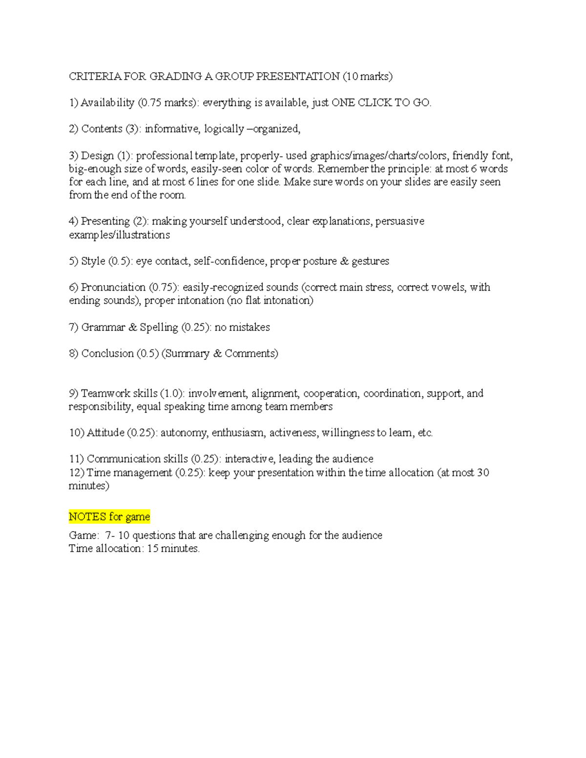 Criteria FOR Grading A Group Presentation - CRITERIA FOR GRADING A ...