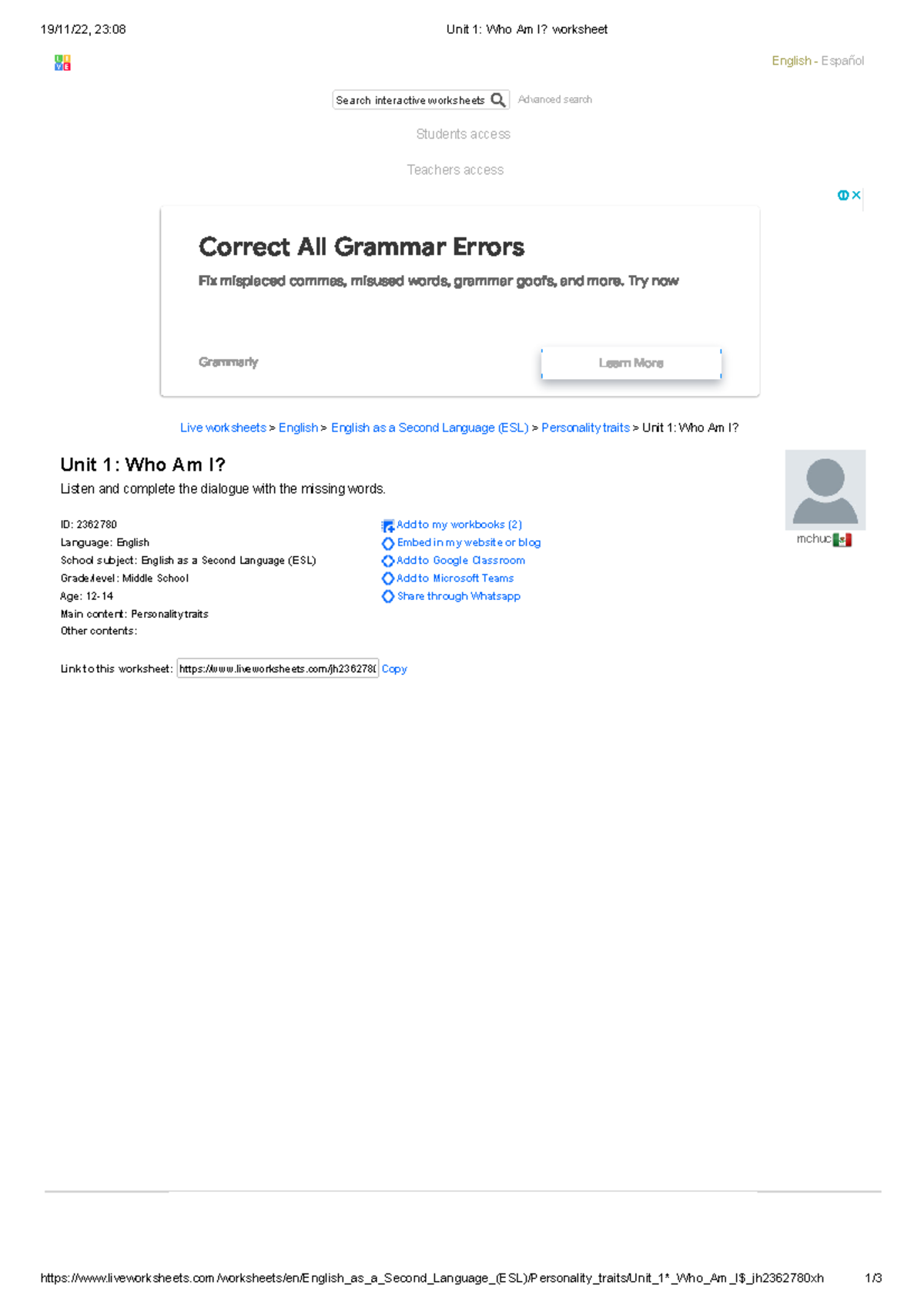 Unit 1 Who Am I worksheet - 19/11/22, 23:08 Unit 1: Who Am I? worksheet ...