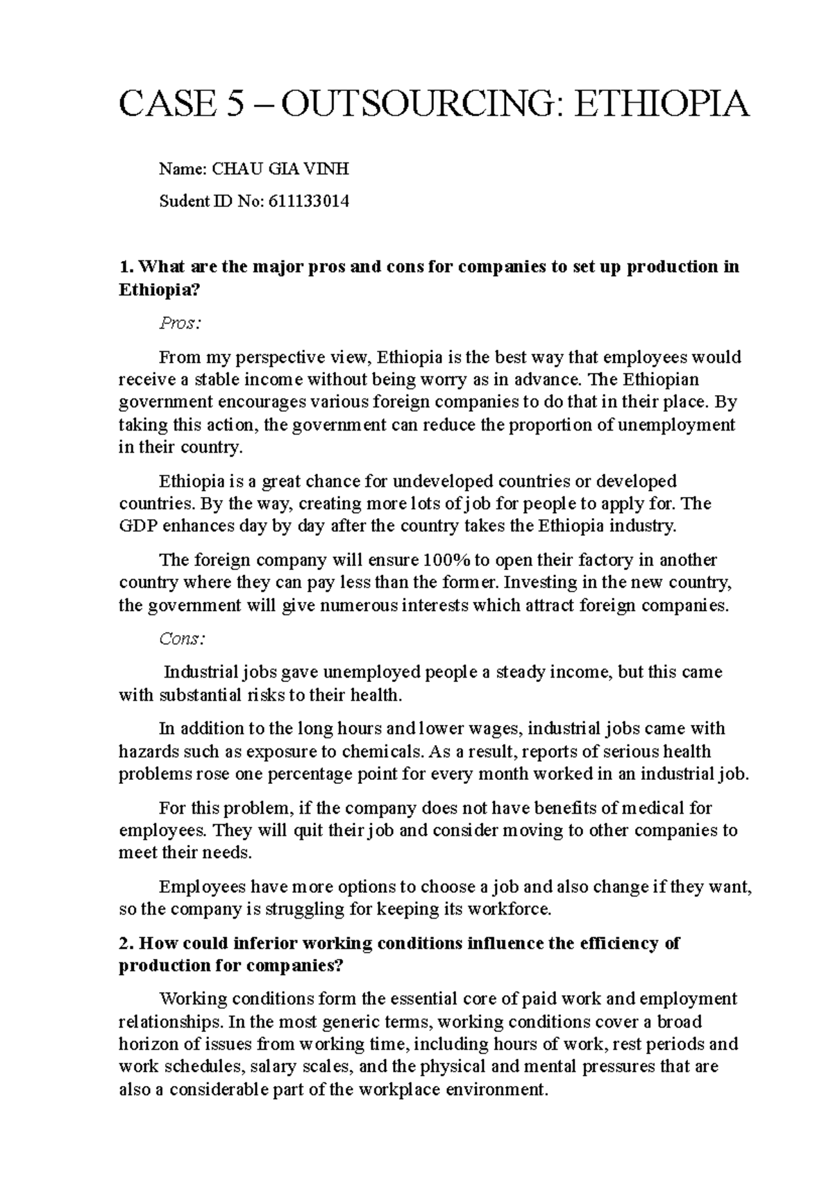 611133014- CHAU GIA VINH - CASE 5 - CASE 5 – OUTSOURCING: ETHIOPIA Name ...