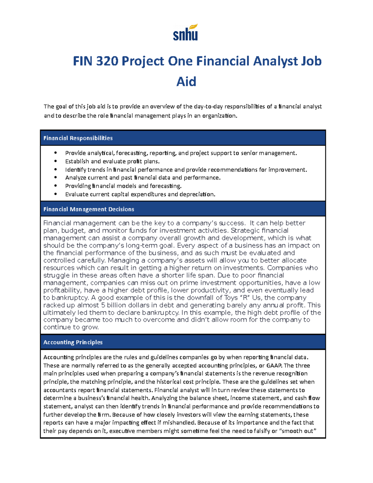 FIN 320 Project One Financial Analyst Job Aid - Financial ...