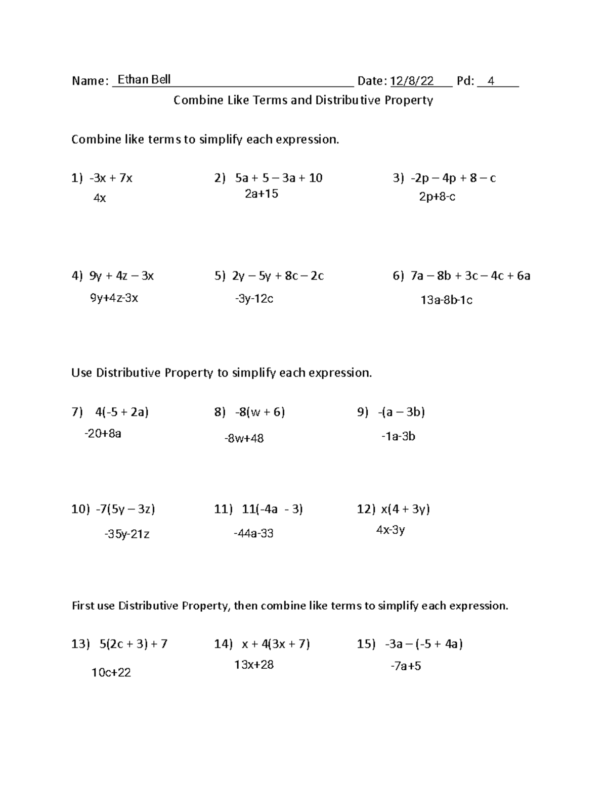 Ethan Bell - Combine Like Termsand Distributive Property Worksheet ...