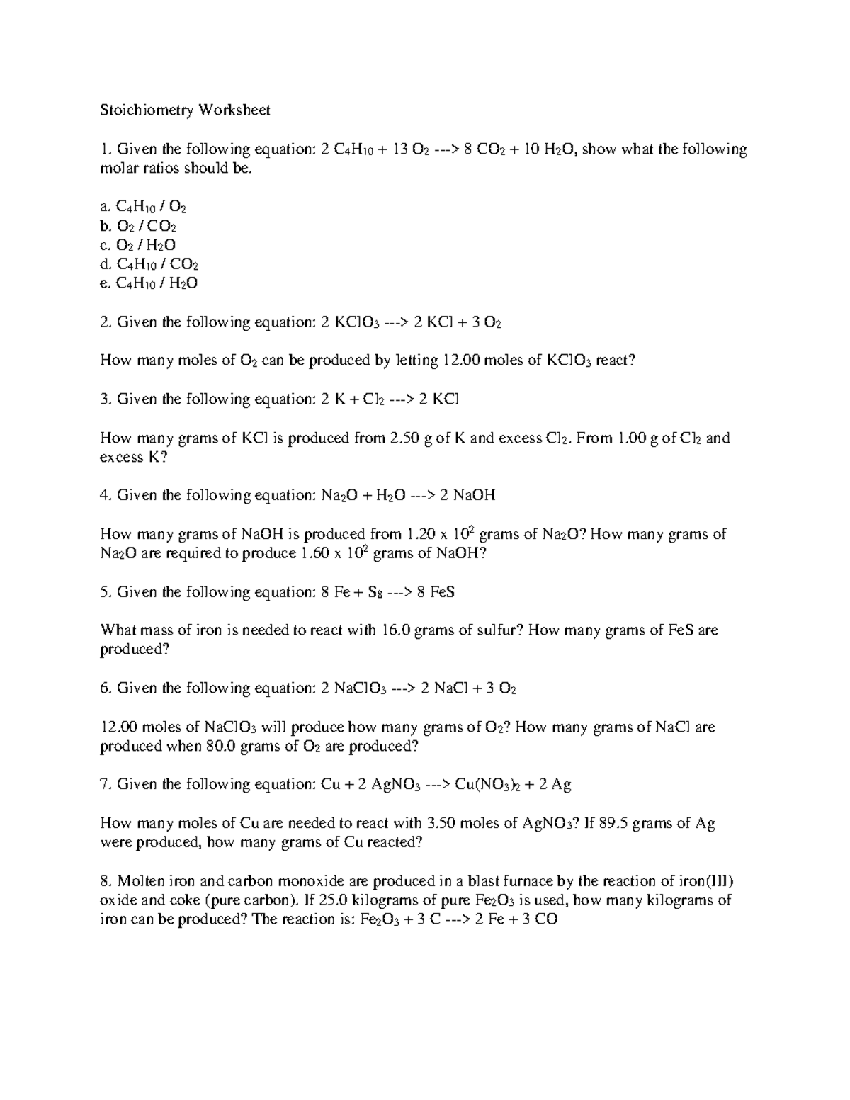 W 16 Stoichiometry Worksheet - Stoichiometry Worksheet Given the ...