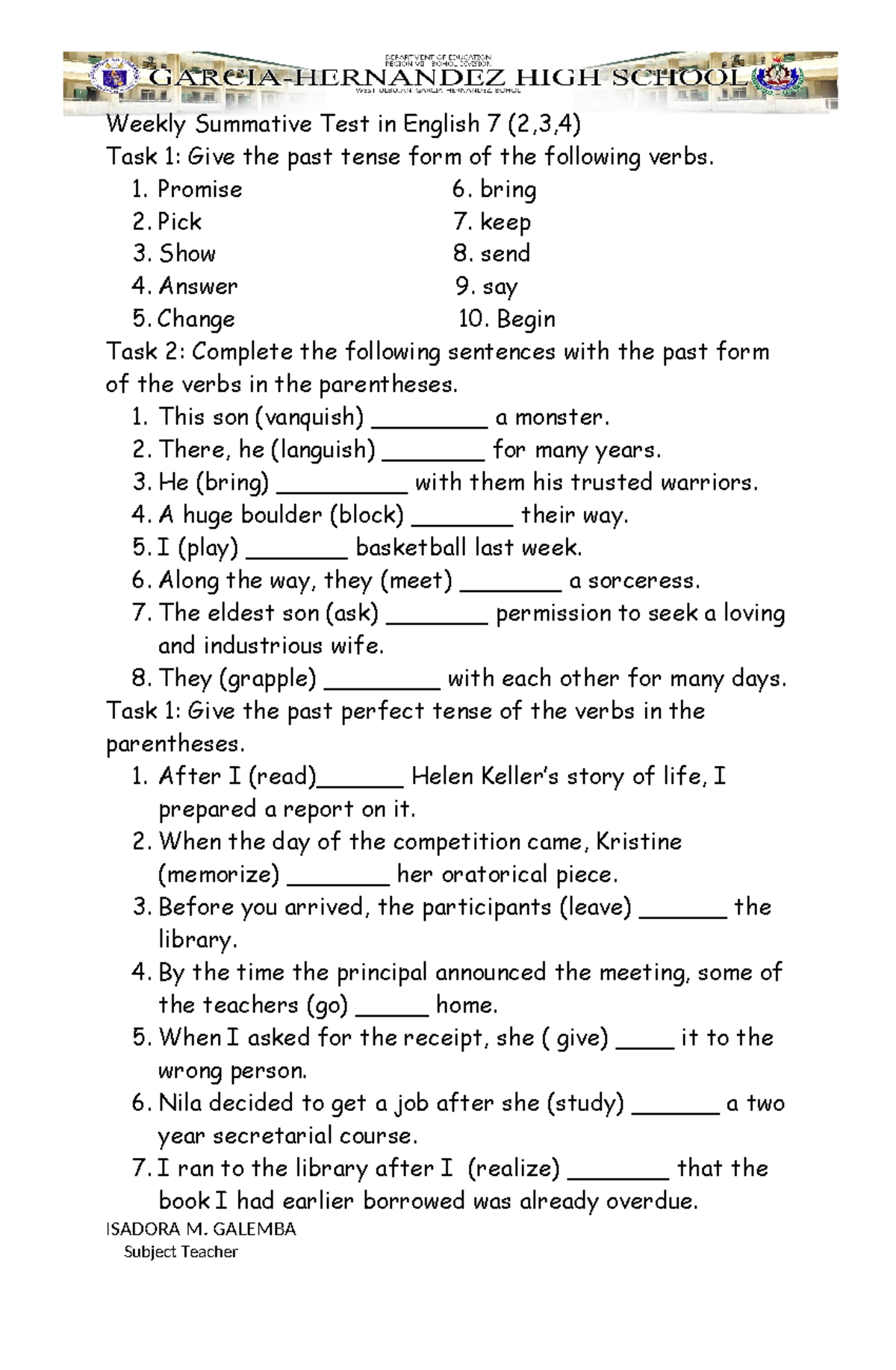 Weekly Summative Test in English 7 - 1. Promise 6. bring 2. Pick 7 ...