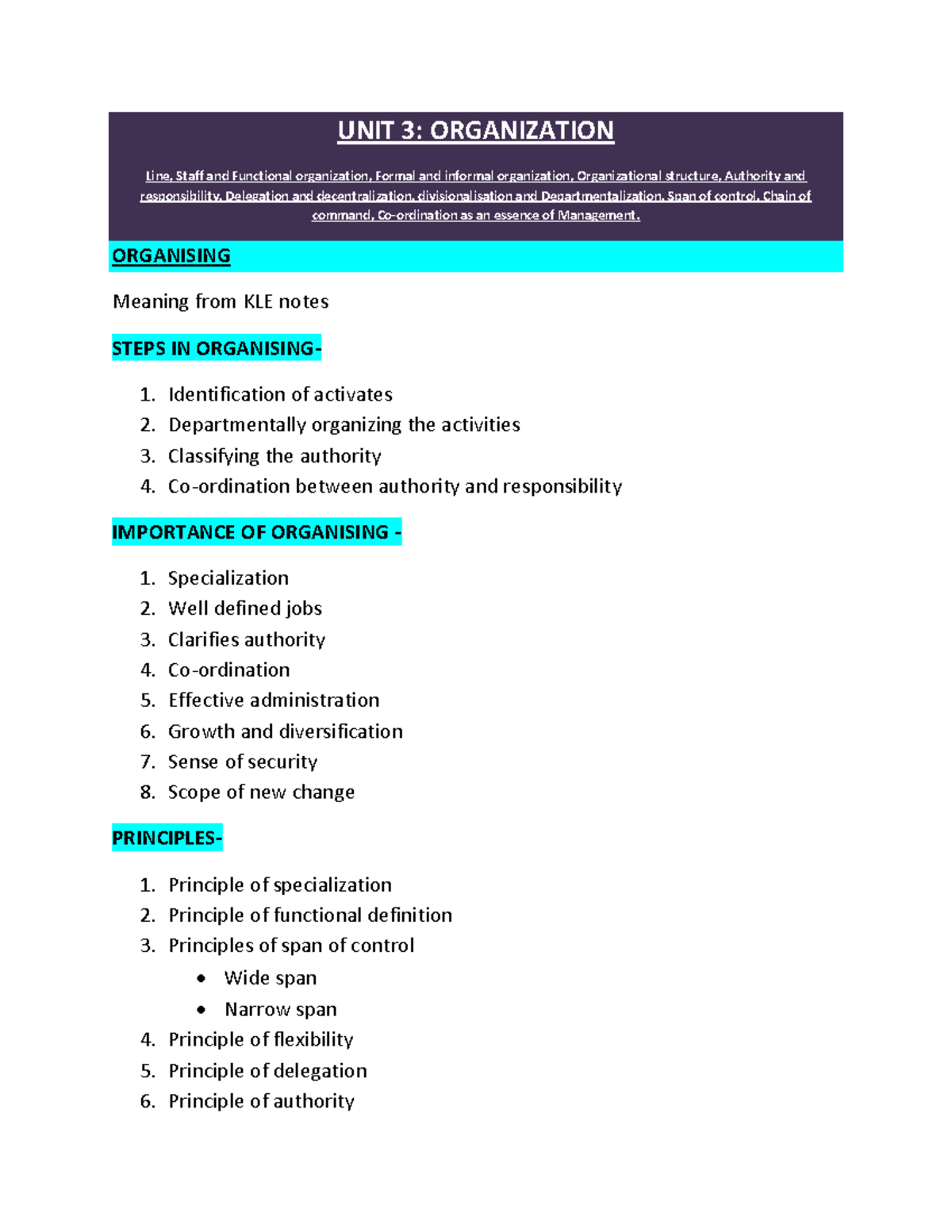 UNIT 3-1 - Summary - UNIT 3: ORGANIZATION Line, Staff and Functional organization, Formal and ...