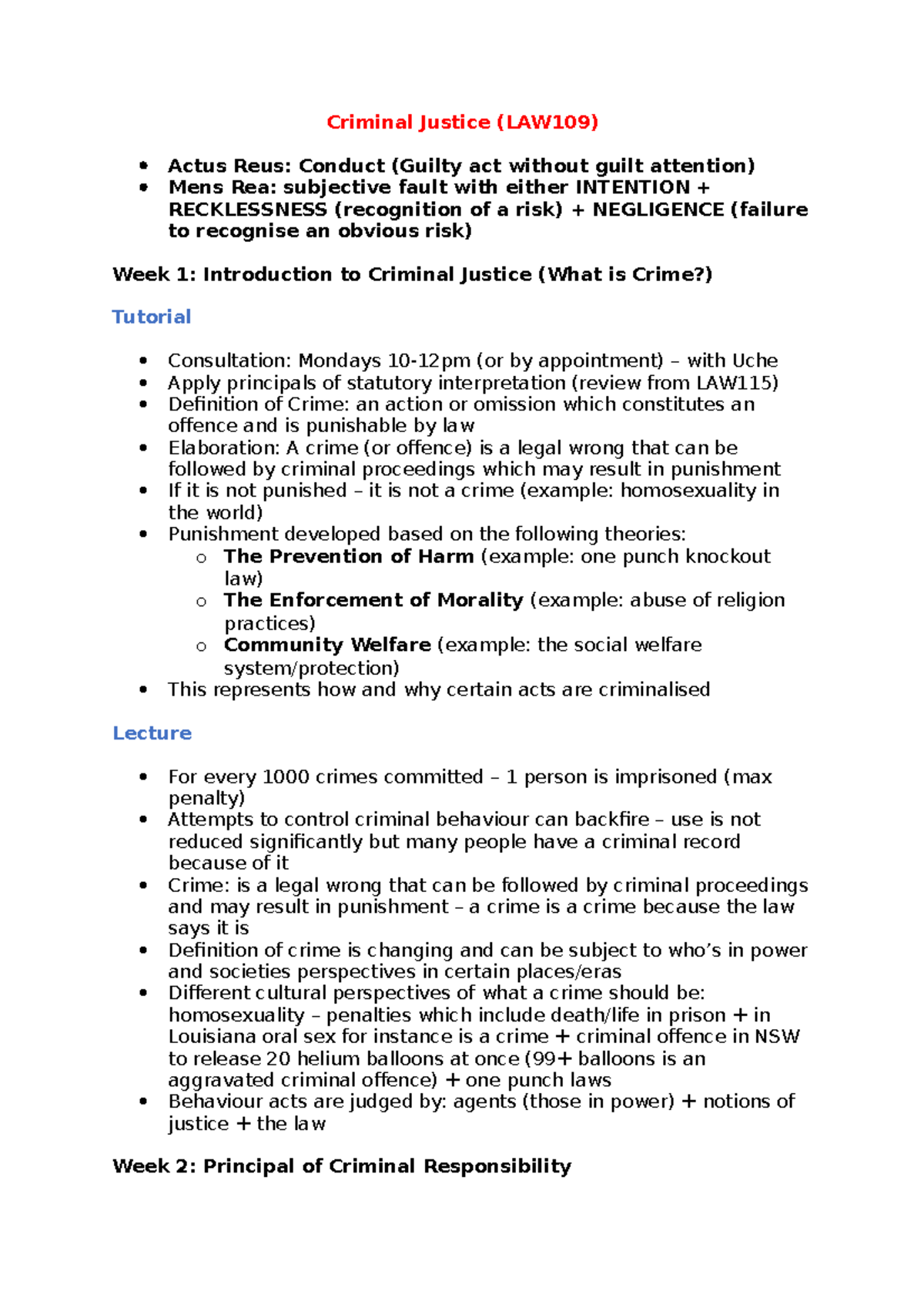 Notes - Criminal Justice - Criminal Justice (LAW109) Actus Reus ...