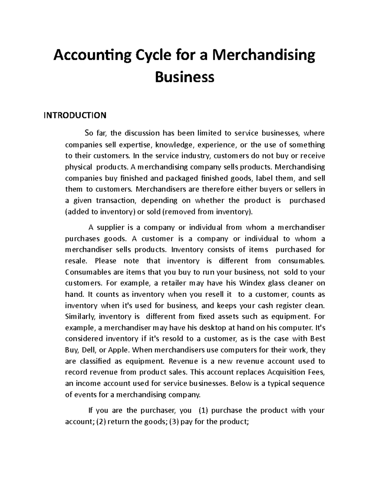Accounting Cycle for a Merchandise Business - Accounting Cycle for a ...