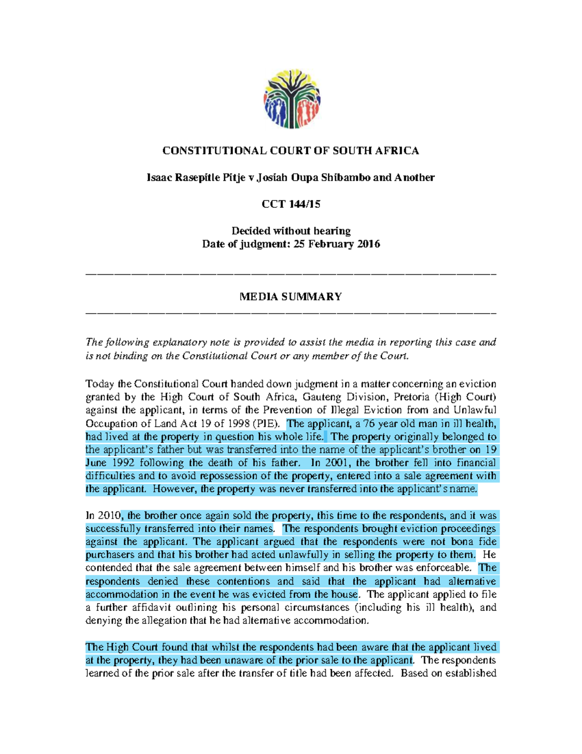 Pitje v Shibambo and Others 2016 - CONSTITUTIONAL COURT OF SOUTH AFRICA ...