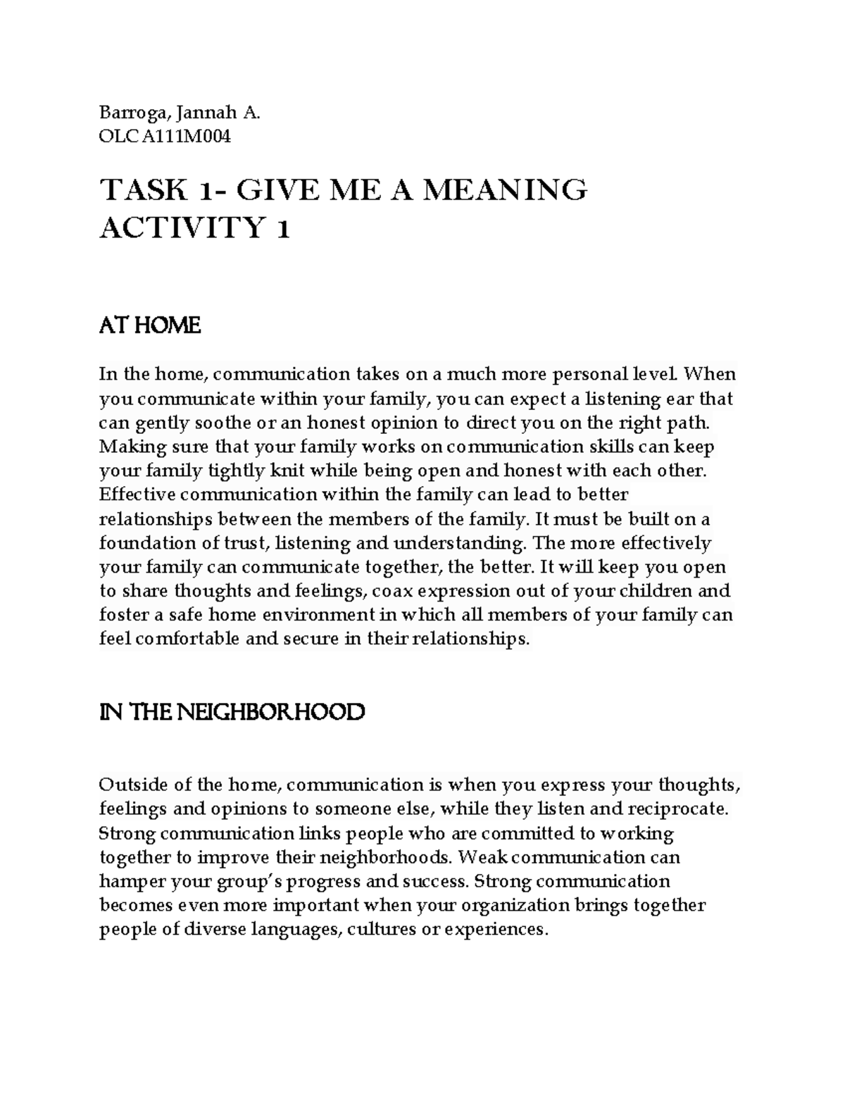 Activity 1 Oleng 01 - n/a - Barroga, Jannah A. OLCA111M TASK 1- GIVE ME A MEANING ACTIVITY 1 AT ...
