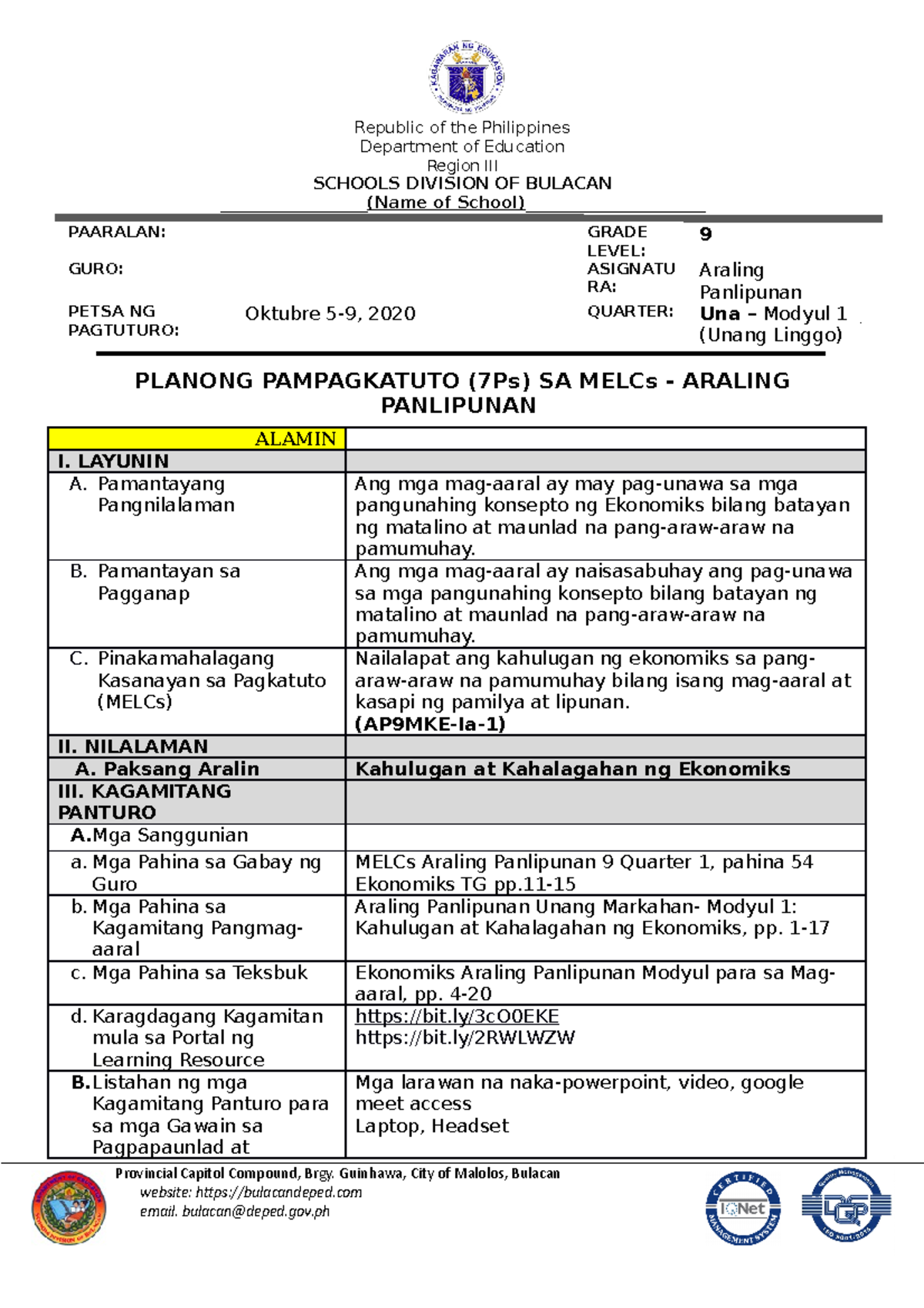 AP9 Week 1 7Ps - A detailed lesson plan about Economics. - Republic of ...