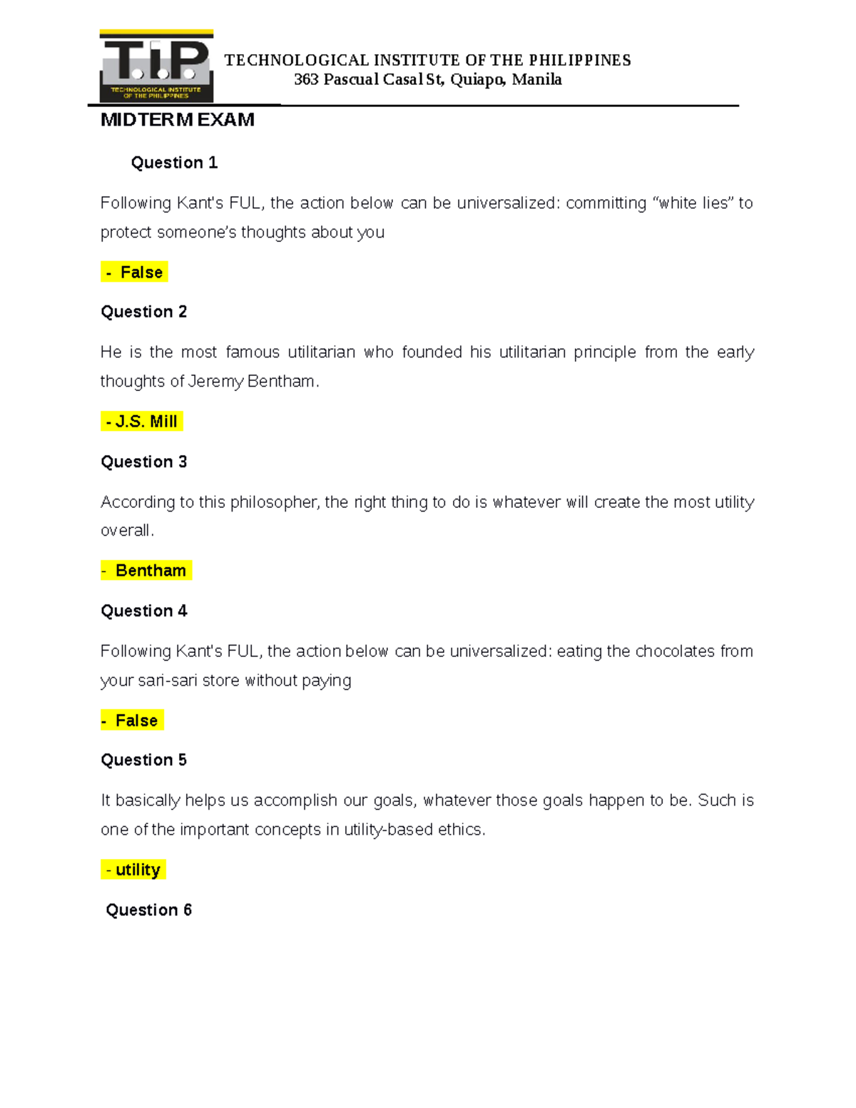 GEC 008 Ethics Midterm and Prelim Exam - 363 Pascual Casal St, Quiapo ...