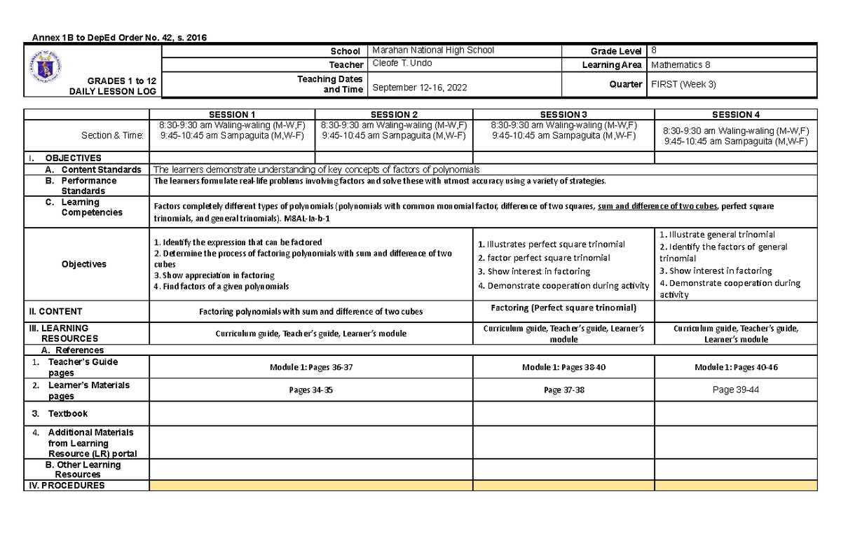 Q1-3rd week-math 8 - for reference - Annex 1B to DepEd Order No. 42, s. 2016 GRADES 1 to 12 ...