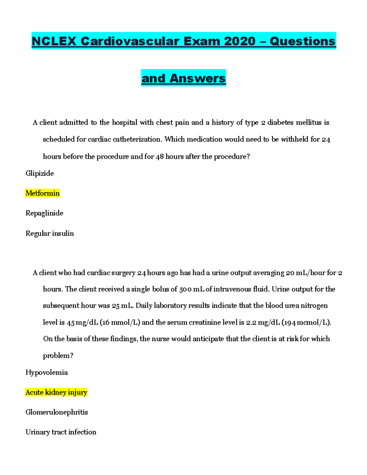 Nclex Cardiovascular Exam 2020 - NCLEX Cardiovascular Exam 2020 ...