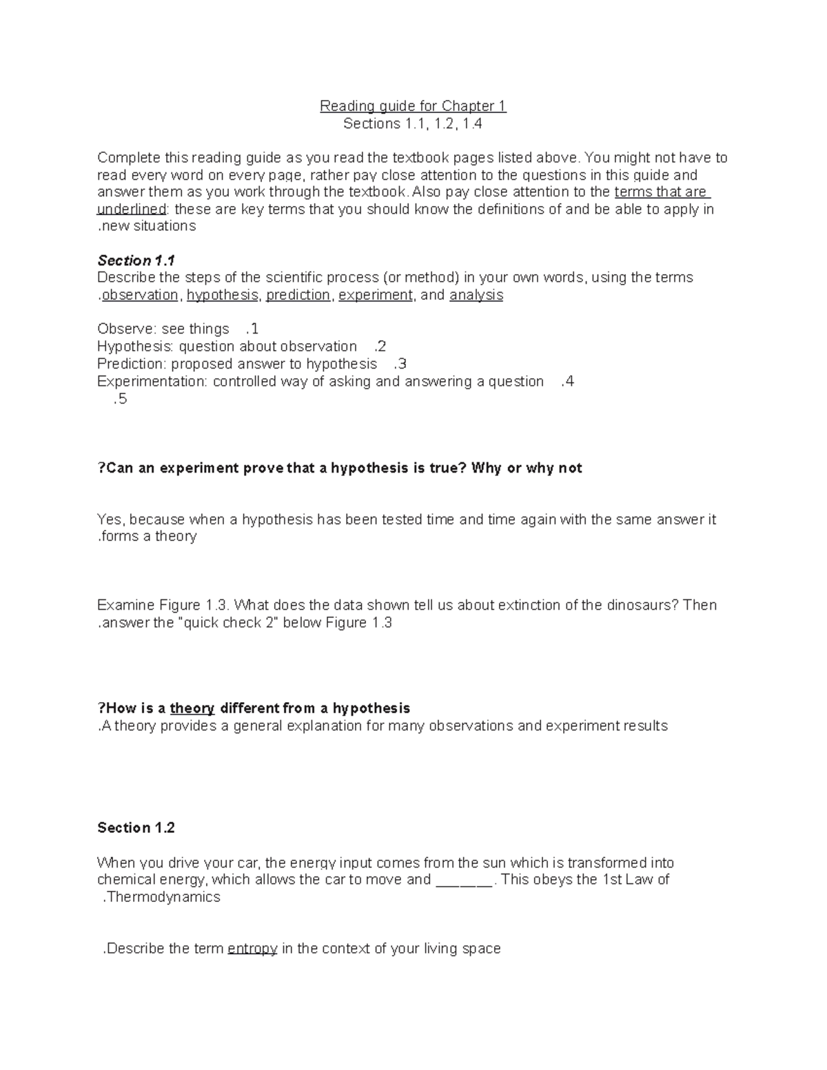 Chapter 1 Reading Guide Biology - Reading guide for Chapter 1 Sections ...