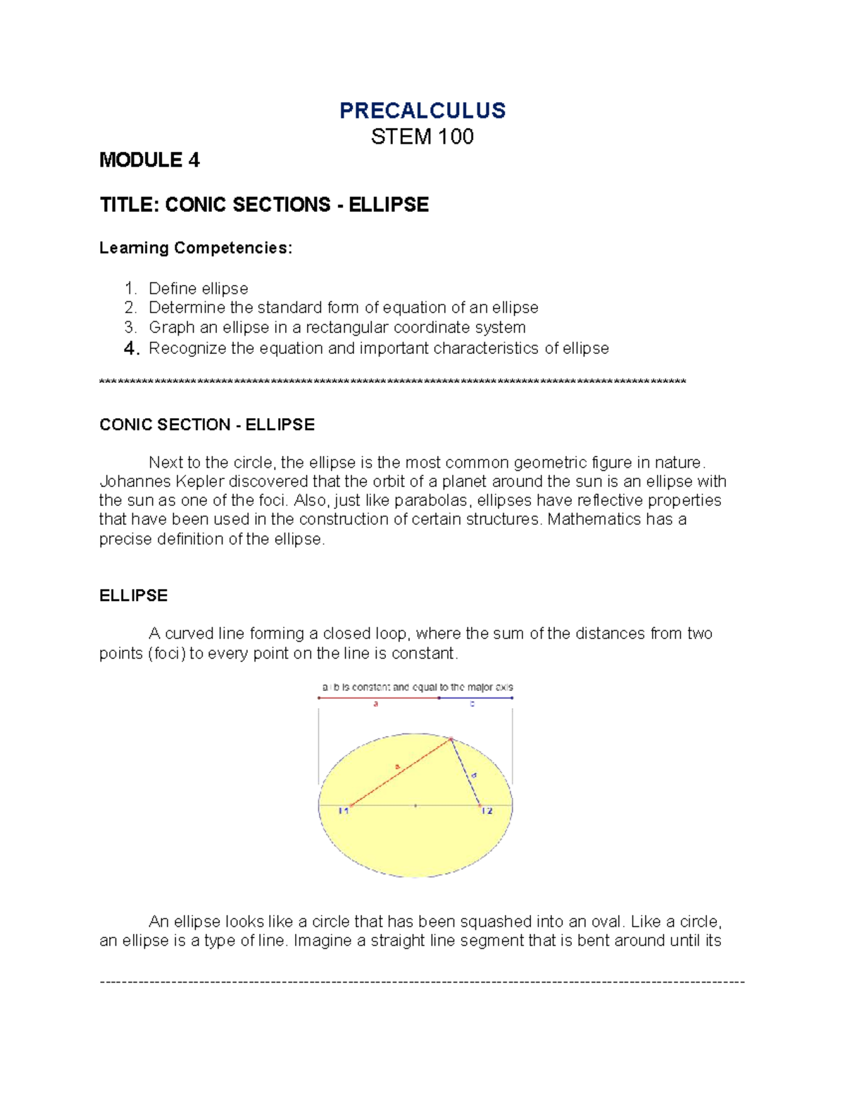 Precalculus Notes - MODULE 4 PRECALCULUS STEM 100 TITLE: CONIC SECTIONS ...