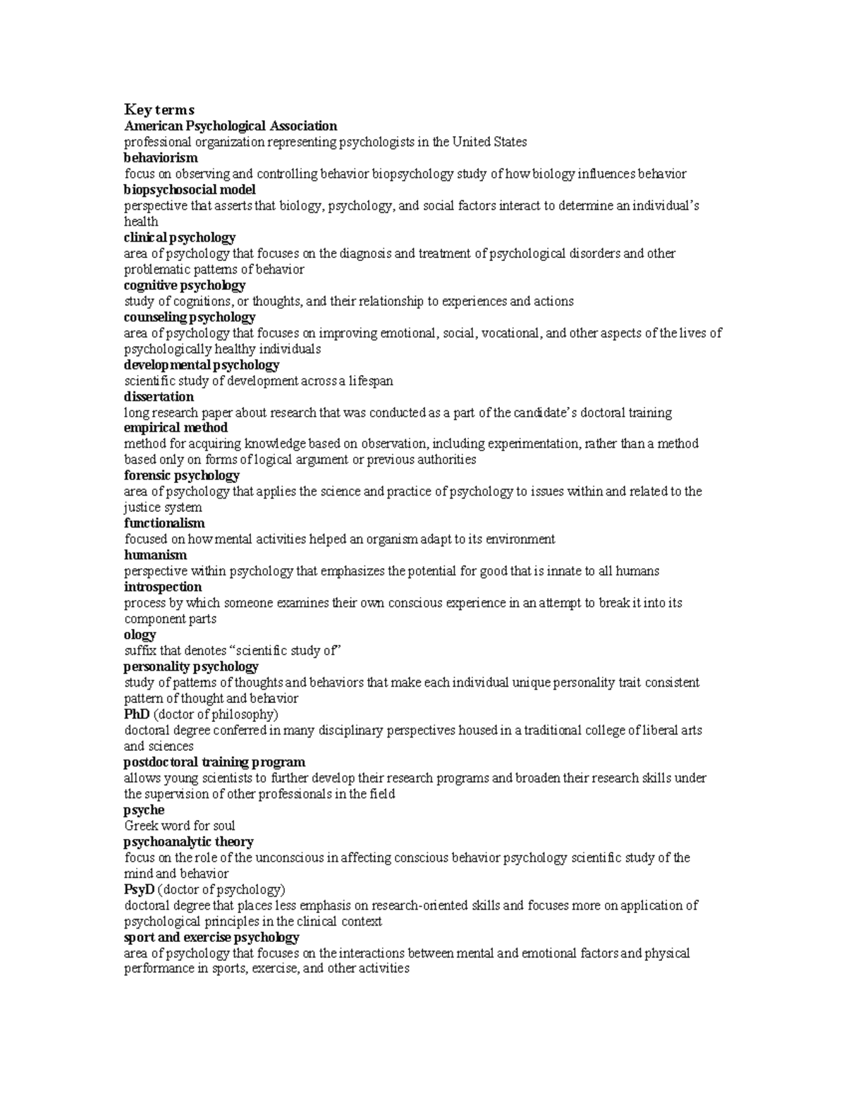 PSYC 1000 Key terms - Key terms American Psychological Association ...