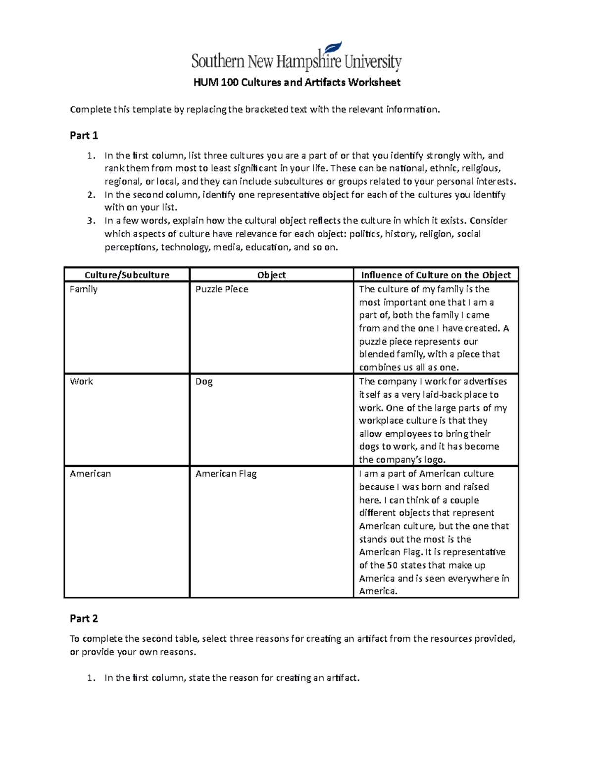 HUM 100 Cultures and Artifacts Worksheet - HUM 100 Cultures and ...