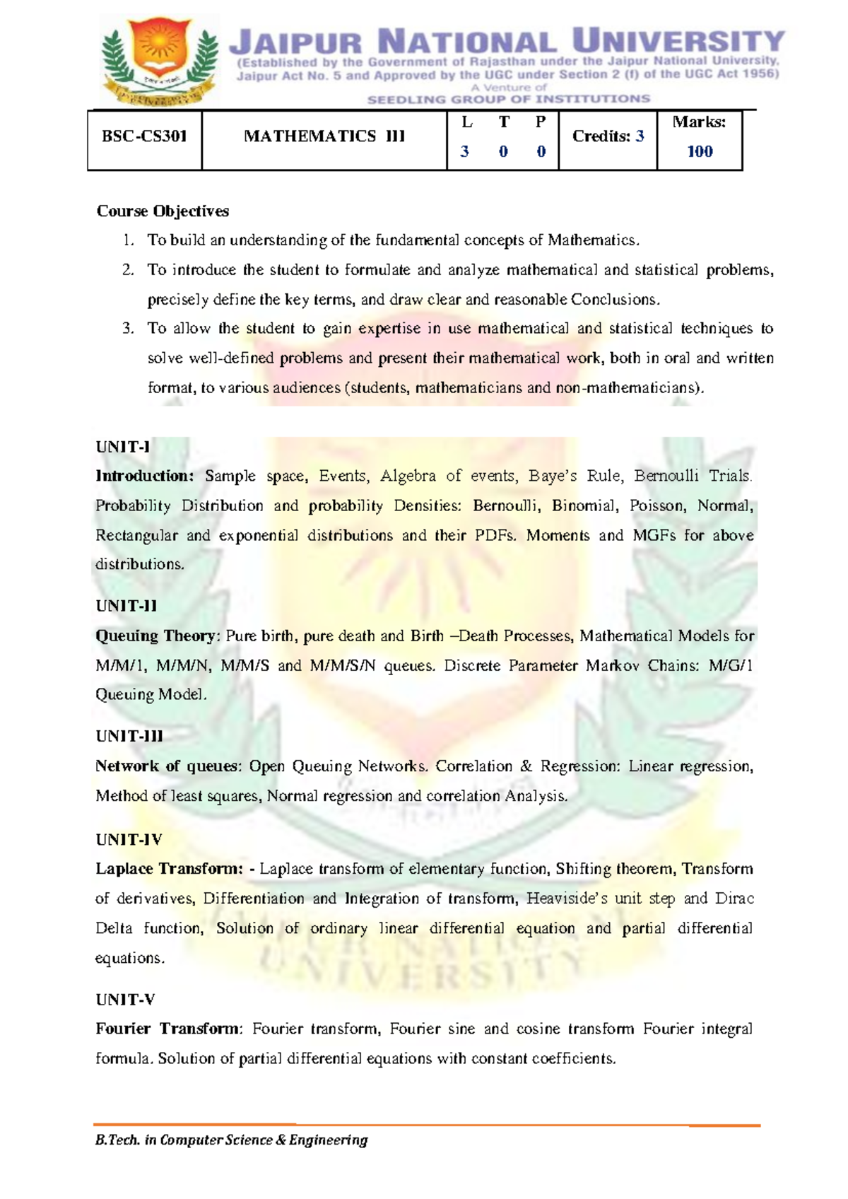 Jnu Jaipur btech syllabus - BSC-CS301 MATHEMATICS III L T P 3 0 0 ...