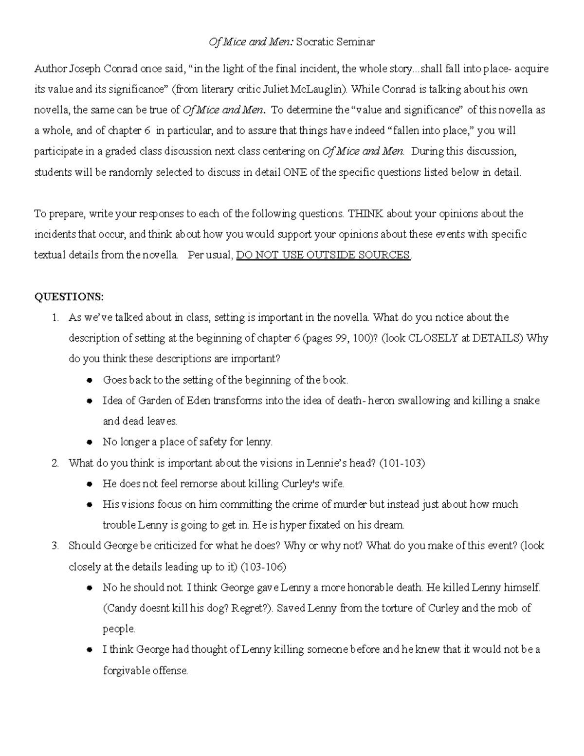 OMAM Chapter 6 discussion Prep - Of Mice and Men: Socratic Seminar ...