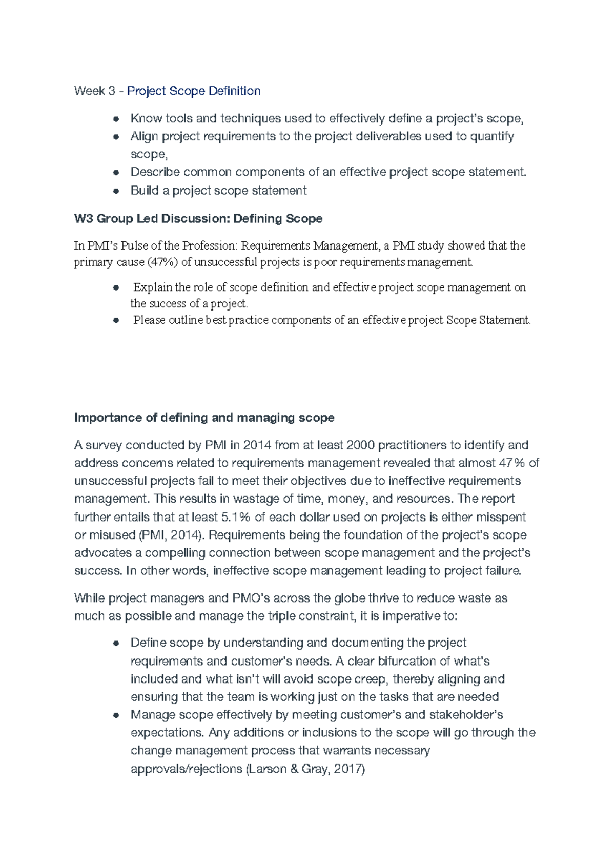 W3 Discussion - Defining Scope - Week 3 -Project Scope Definition Know ...