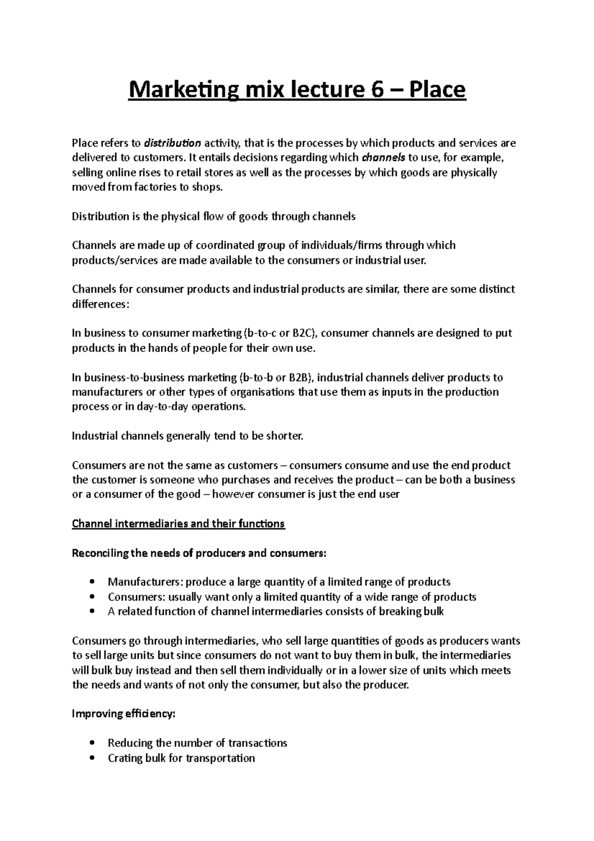 Marketing mix lecture 6 - place - Marketing mix lecture 6 – Place Place ...