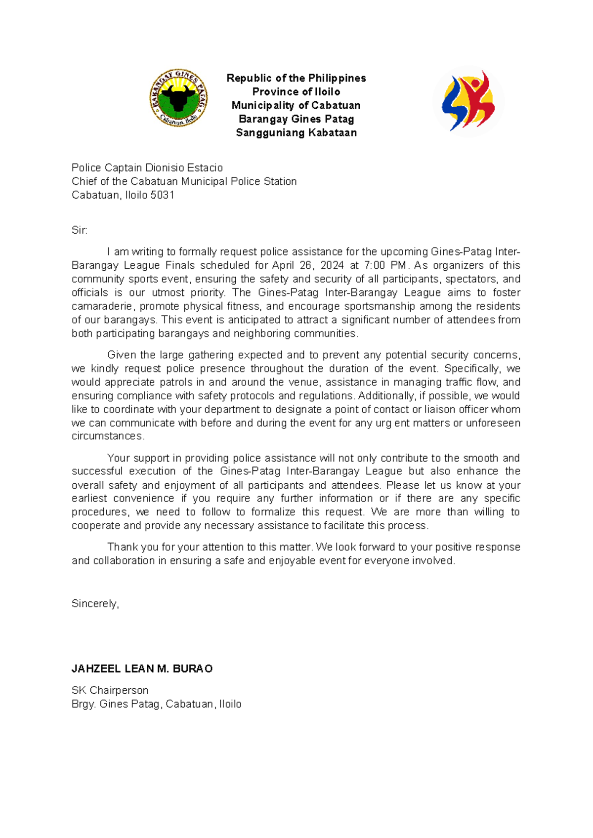 PNP letter - lecture notes - Republic of the Philippines Province of ...